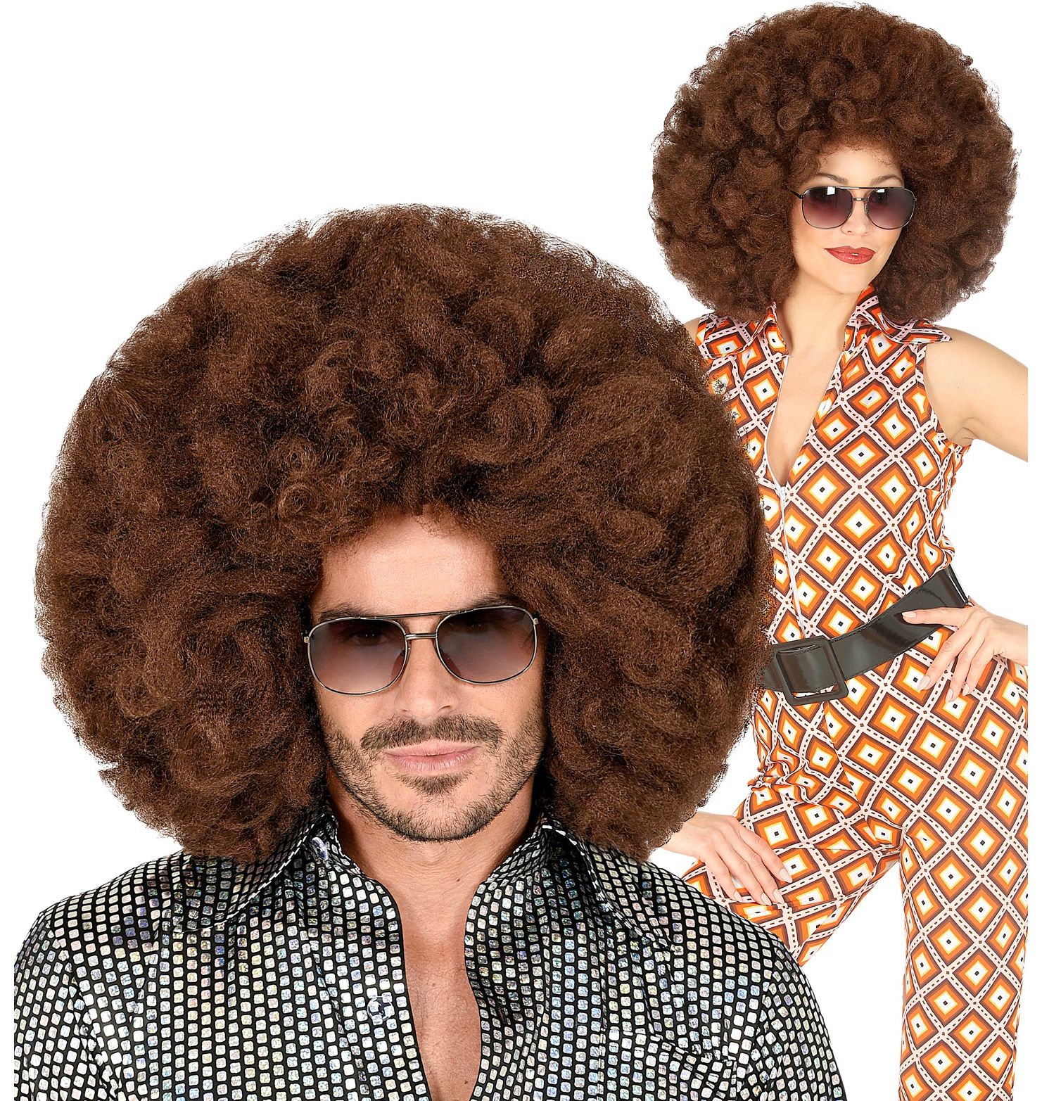 Bruine oversized afro disco pruik