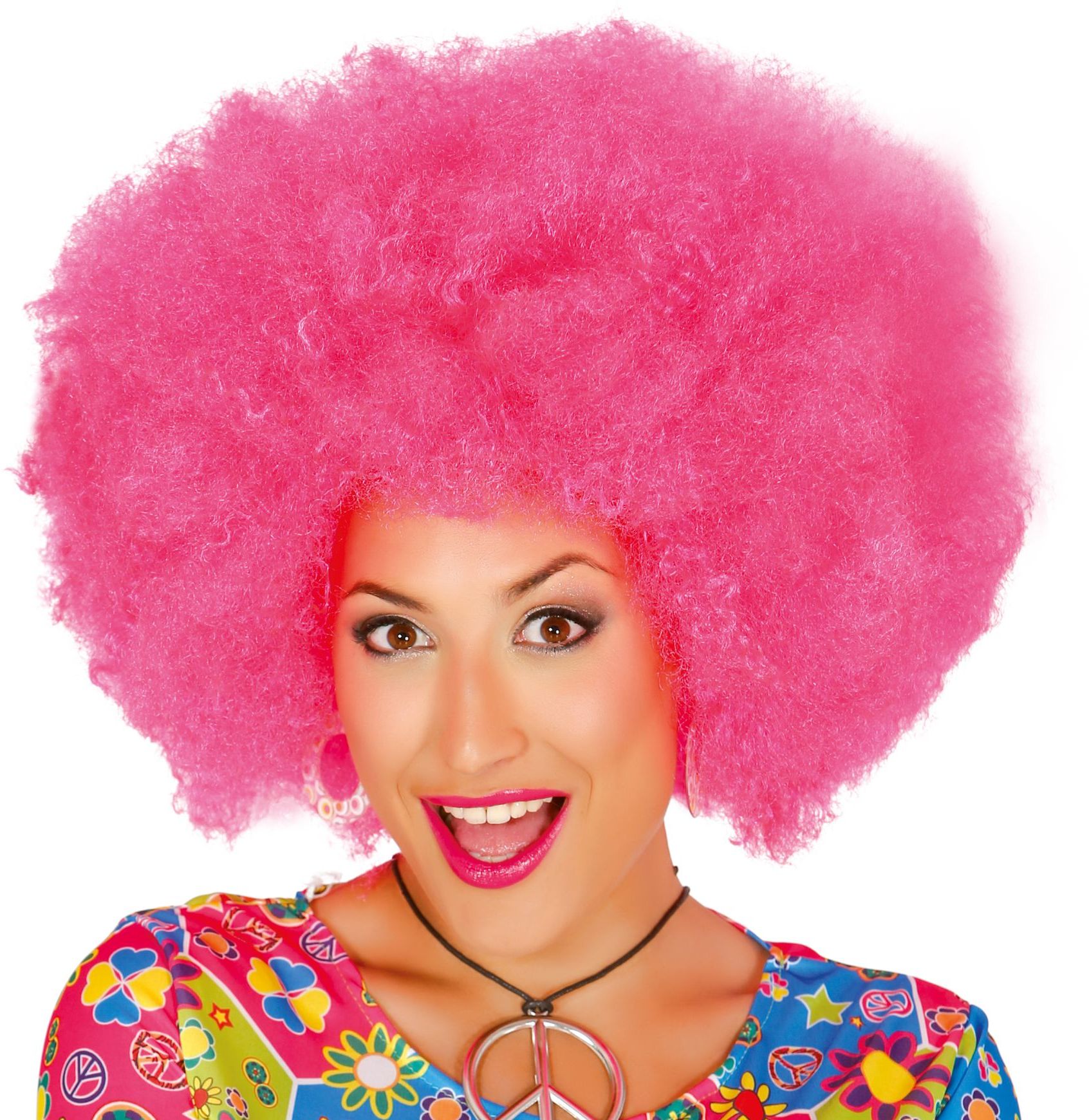 Neon roze maxi afro pruik | Carnavalskleding.nl