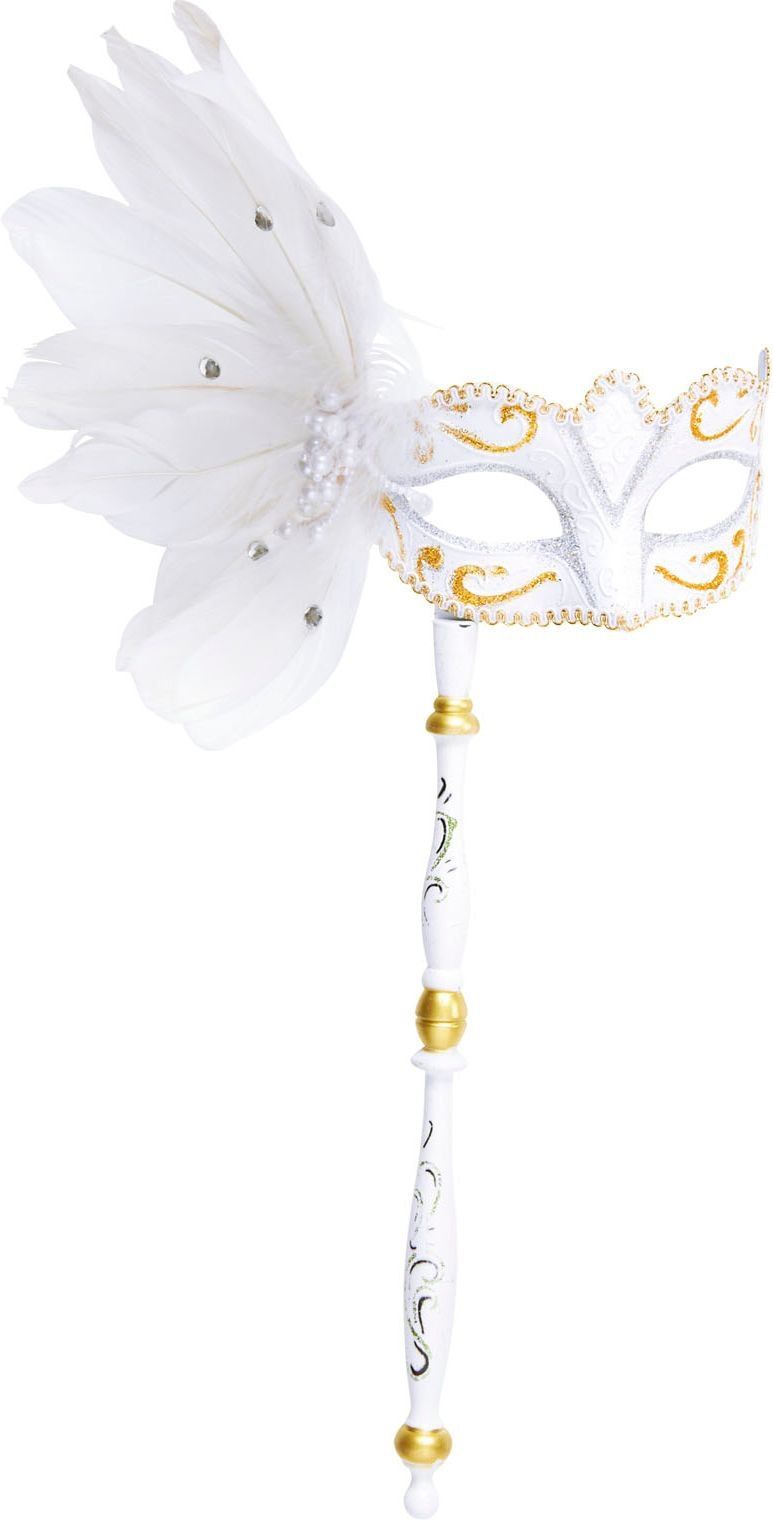 Wit venetiaans masker op stokje | Carnavalskleding.nl